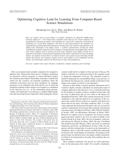 Pdf Optimizing Cognitive Load For Learning From Computer Based Science Simulations Journal Of