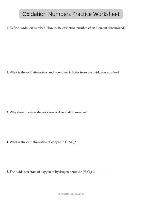 Free Printable Oxidation Numbers Worksheets