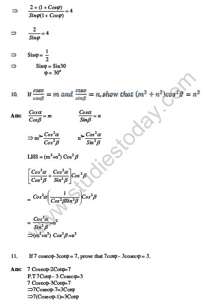 Cbse Class 10 Maths Hots Trigonometry