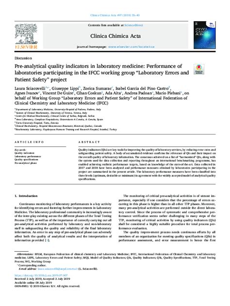 Pdf Pre Analytical Quality Indicators In Laboratory Medicine Performance Of Laboratories