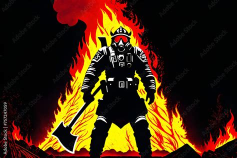 불을 제압하는 소방관이 도끼를 들고 서있는 모습 Stock Illustration Adobe Stock