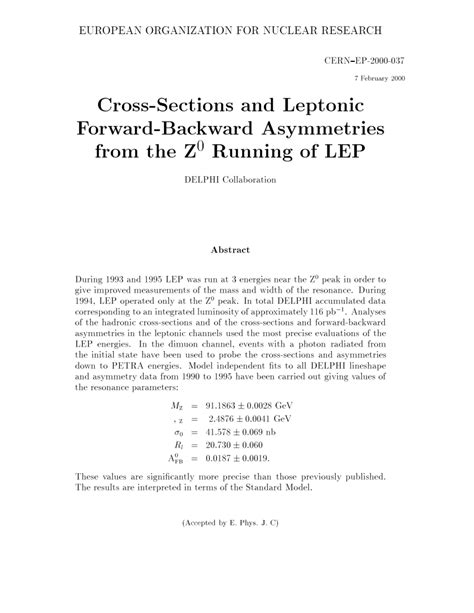Pdf Cross Sections And Leptonic Forward Backward Asymmetries From The Z0running Of Lep