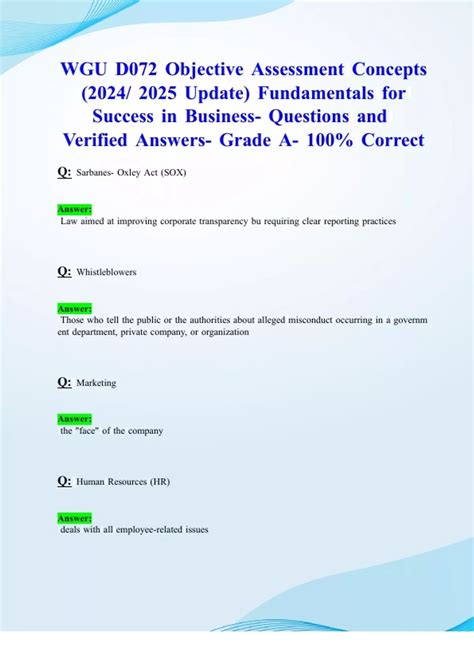 Wgu D072 Objective Assessment Concepts 2024 2025 Update Fundamentals For Success In Business