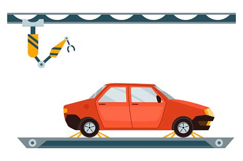 공장 조립 라인 산업 로봇 팔은 컨베이어 벨트에 자동차를 조립합니다 자동화된 제조를 갖춘 자동차 공장 혁신적인 장비를 갖춘 차량 생산 공정 로봇 자동차 생산 라인에 대한