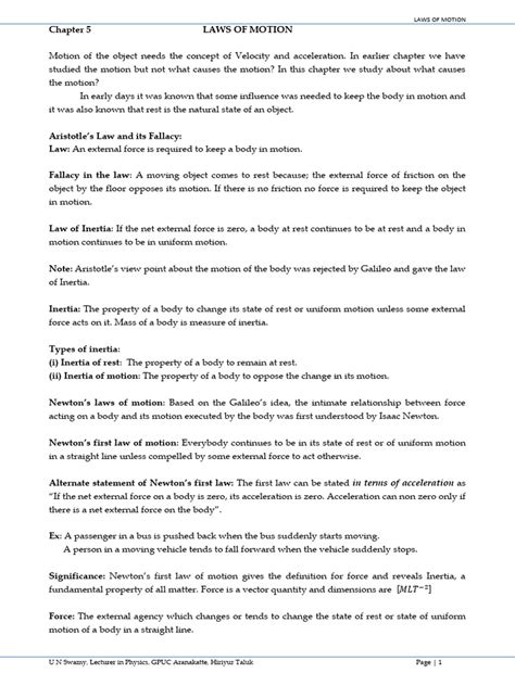 1st puc physics chapter5 laws of motion notes by u n swamy pdf force science and mathematics