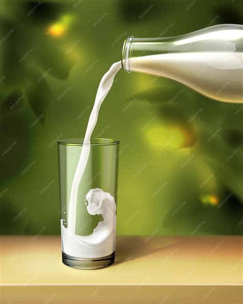 Premium Vector Illustration Of Milk Pouring Into Glass From Bottle On Nature Background