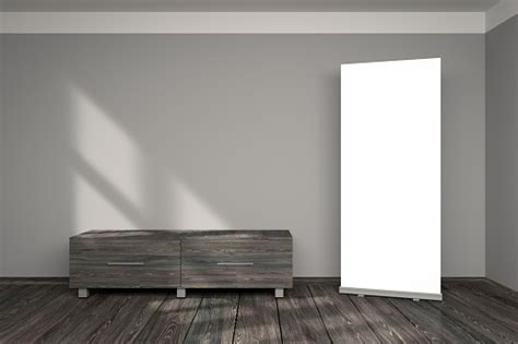 브랜딩 및 디자인 광고 3d 렌더를 위한 회색 인테리어 룸의 모형 빈 프로모션 롤업 스탠드 디스플레이 템플릿 롤업 배너에 대한 스톡 사진 및 기타 이미지 Istock