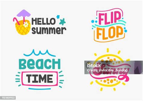 휴일 낙서 요소와 타이포 그래피 세트와 디자인 배지 휴가 파티 여행 열 대 낙원 모험 광고 포스터 헬로 여름 화창한 플립 플롭 바닷가 시간 만화 벡터 일러스트 0명에 대한