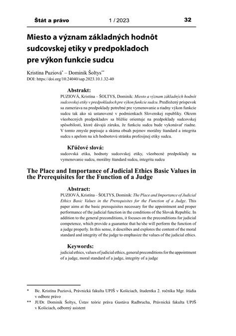 Pdf Miesto A Význam Základných Hodnôt Sudcovskej Etiky V