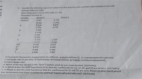 Solved 5 Consider The Following Regression Outputs On New