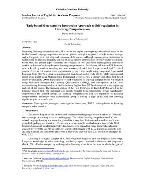 Pdf Task Based Metacognitive Instruction Approach To Self Regulation In Listening Comprehension