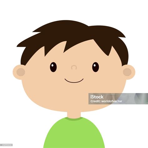 소년 아이 아이콘입니다 재밌는 아이 머리 귀여운 만화 Kawaii 재미있는 캐릭터 웃는 아기 얼굴입니다 갈색 머리 초대장 인사말 카드 포스터 스티커 인쇄를 위한 훈장 평면