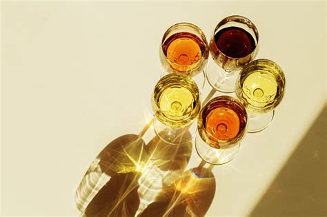 햇빛에 레드 로즈 화이트 와인 최고 전망 유리 어두운 그림자 황금 색조의 다양한 와인 바 와이너리 와인 Degustation 개념 가정 생활에 대한 스톡 사진 및 기타