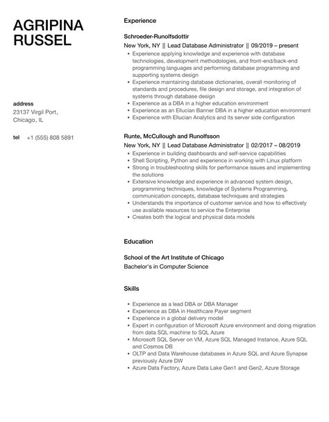 Lead Database Administrator Resume Samples Velvet Jobs