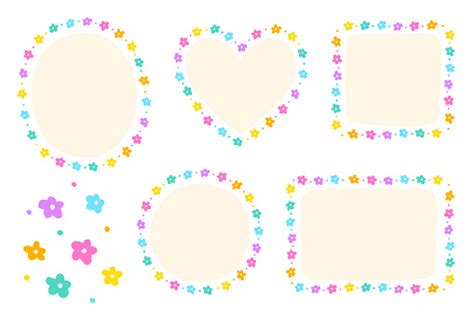 밝은 다채로운 데이지 꽃 대시 라인 낙서 손 그리기 그려진 심장 원 사각형 타원형 사각형 스티커 메모 모양 테두리 프레임 플레이트 스티커 메모 세트 컬렉션 배경 벡터