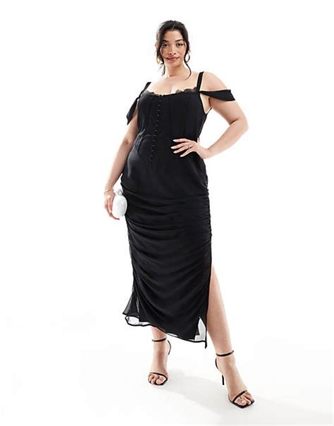 Asos Design Curve Corset Lace Chiffon Mix Panelled Milkmaid Midi Dress
