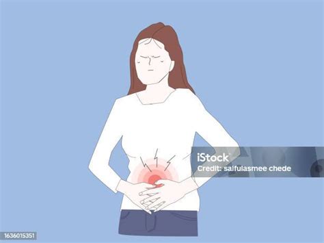 설사 또는 변비 건강 개념 문제 복부 질환과 질병 벡터 삽화를 가진 손으로 그것을 만지는 배에 통증을 느끼는 젊은 슬픈 여자 가정 생활에 대한 스톡 벡터 아트 및 기타