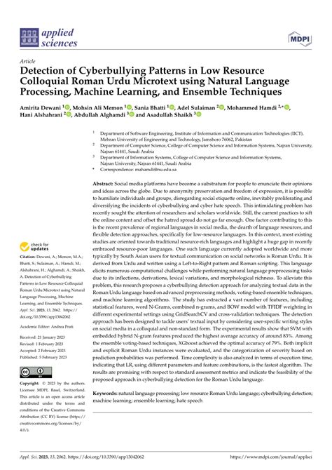 Pdf Detection Of Cyberbullying Patterns In Low Resource Colloquial Roman Urdu Microtext Using