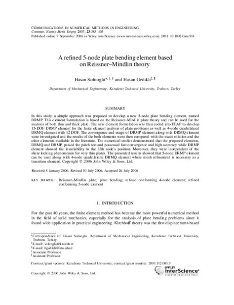Pdf A Refined 5 Node Plate Bending Element Based On Reissner Mindlin Theory