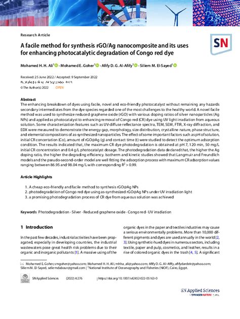 Pdf A Facile Method For Synthesis Rgoag Nanocomposite And Its Uses For Enhancing