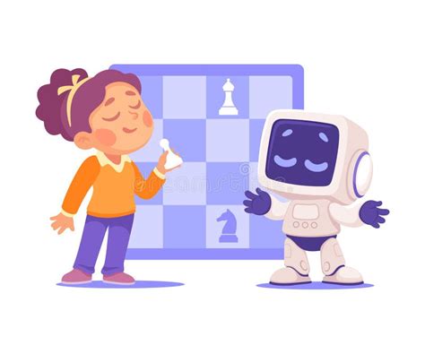 Robot Character Play Chess With Girl As Smart Android Assistant Machine