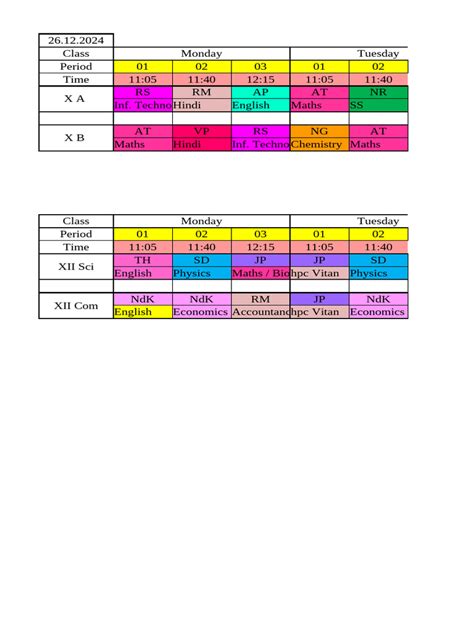 Time Table From 26th December Zero Period Classwise Pdf