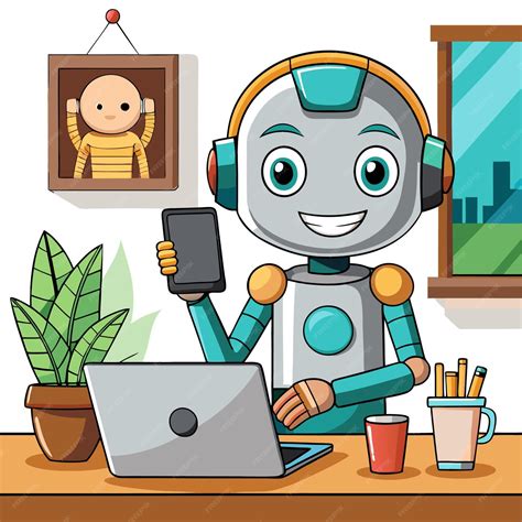 A Friendly Robot Working At A Desk With A Laptop Phone And Plant Premium Ai Generated Vector