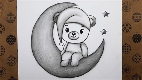 Karakalem Kolay Çizimleri Ayda Oturan Sevimli Ayıcık Resmi Çizimi Adım