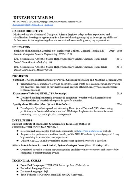 dinesh kumar resume 1 1 pdf java script computer science