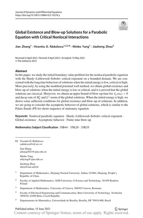 Pdf Global Existence And Blow Up Solutions For A Parabolic Equation With Critical Nonlocal