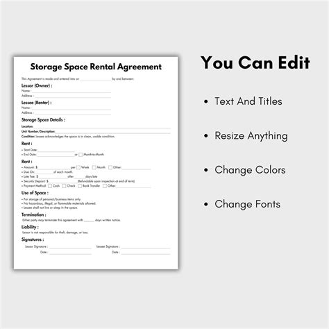 One Page Storage Space Rental Agreement Editable Contractor Storage
