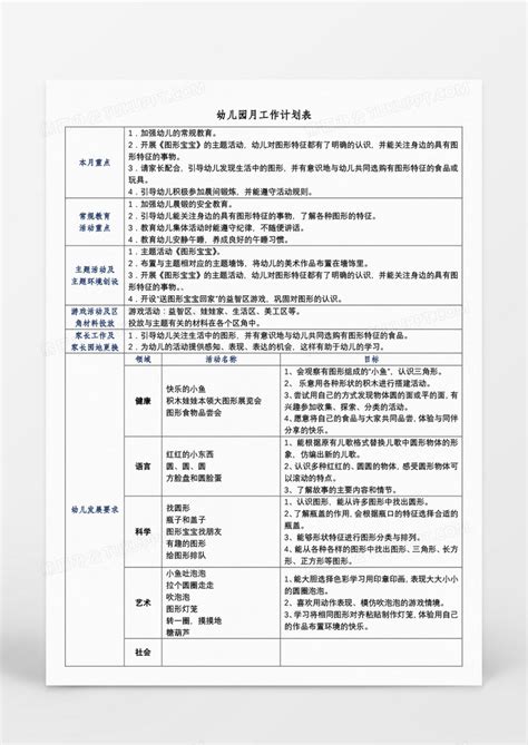 幼儿园月工作计划表Word模板下载 熊猫办公