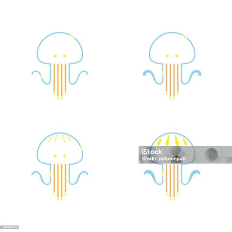 해파리 기호 아이콘 개요 스트로크 설정 대시 선 디자인 그림 오렌지 노랑 파랑 색상 흰색 배경 벡터 Eps10에 고립 0명에 대한 스톡 벡터 아트 및 기타 이미지 Istock