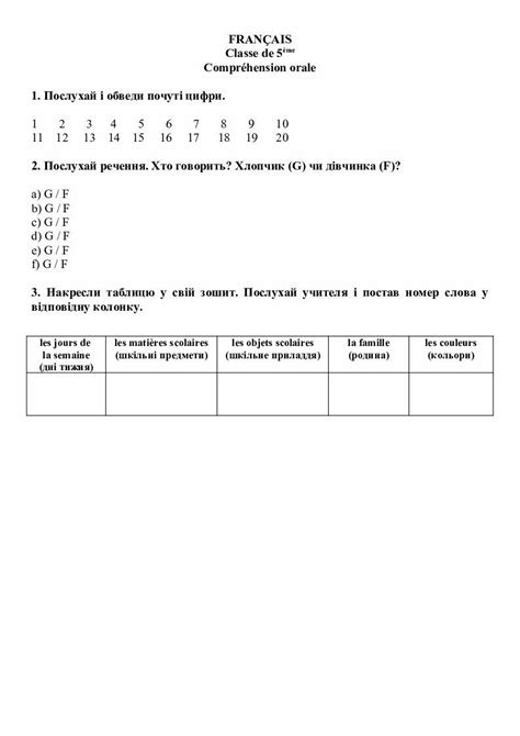 Контроль аудіювання 5 клас І семестр Тест Французька мова