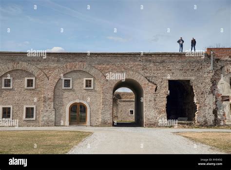 Croatia March 2019 Two Men Observing The Fortress Of Slavonski Brod