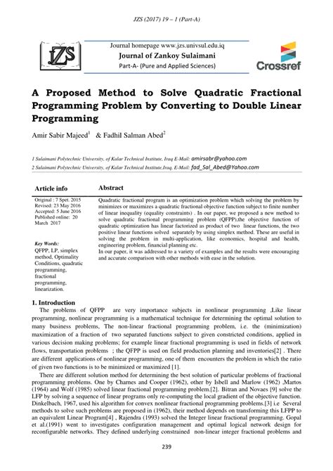 Pdf A Proposed Method To Solve Quadratic Fractional Programming Problem By Converting To