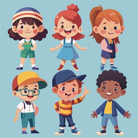 파란색 배경 에 서 있는 다른 옷 을 입은 여섯 명 의 귀여운 만화 어린이 들 프리미엄 Ai 생성 벡터