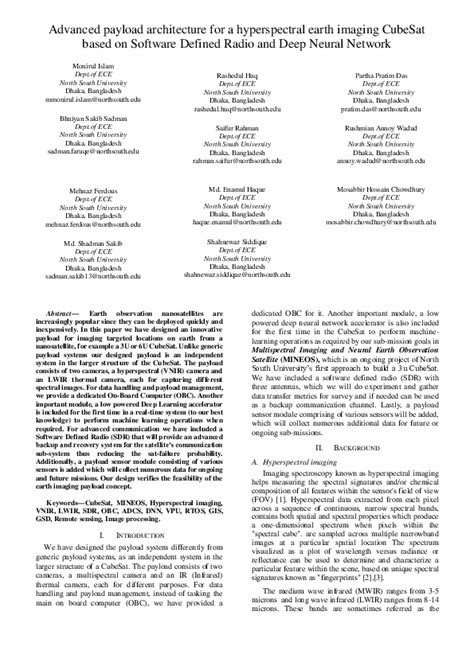 Pdf Advanced Payload Architecture For A Hyperspectral Earth Imaging Cubesat Based On Software