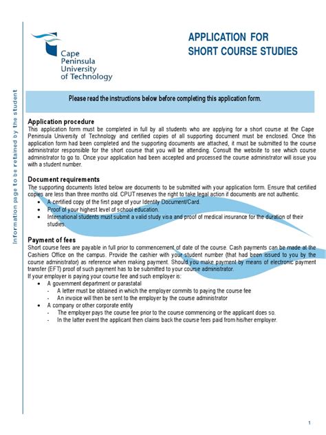 Cput Application Form Short Courses Pdf Payments Damages