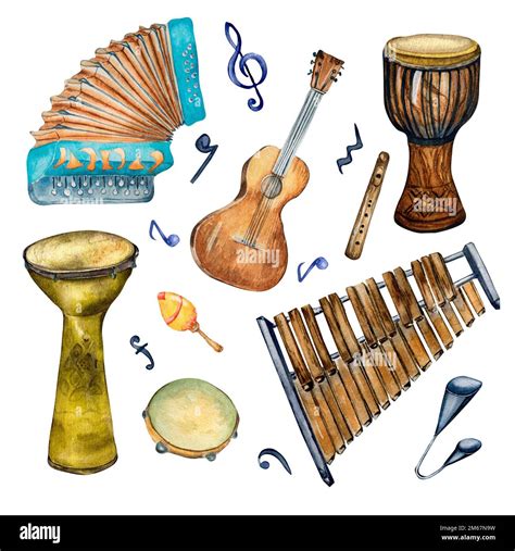 Jeu Dinstruments De Musique à Percussion à Variouse Aquarelle Illustration Isolée Guitare