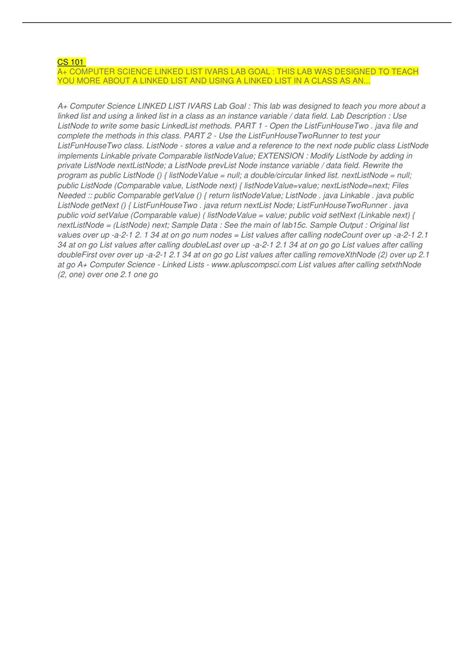 Cs 101 A Computer Science Linked List Ivars Lab Goal This Lab Was