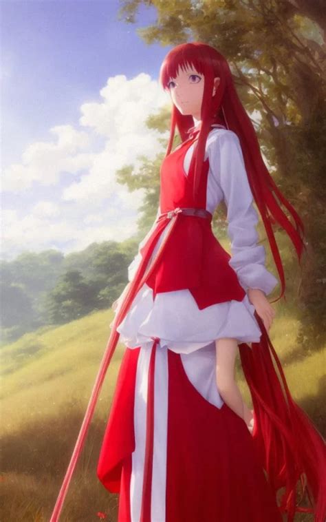 Ai Art Generator Crimson Red Long Hair Maid Outfit Cute Slender Anime Girl Heterochromia