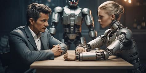Premium Ai Image Ai Robot Man And Woman Sitting At The Table And