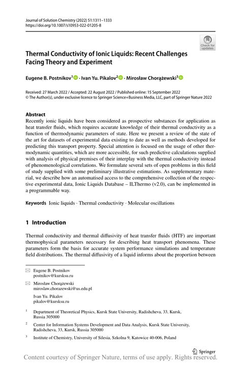 Thermal Conductivity Of Ionic Liquids Recent Challenges Facing Theory And Experiment Request Pdf