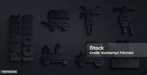 트랙터 스쿠터 견인 트럭 요트 및 와일드 웨스트 커버 왜건 아이콘을 설정합니다 벡터 3차원 형태에 대한 스톡 벡터 아트 및 기타 이미지 3차원 형태 오토바이 검은색