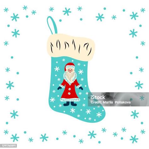 귀여운 산타 클로스와 눈송이의 이미지와 크리스마스 양말 새해 장식 공간을 복사합니다 플랫 디자인 흰색 배경의 격리된 이미지입니다 템플릿 벡터 12월에 대한 스톡 벡터 아트