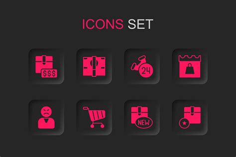 세트 쇼핑 카트 스택 지폐 현금 달러와 항목 가격표 새로운 컬렉션 일 판지 판지 상자 전화 24 시간 지원 및 화난 고객 아이콘 벡터 24에 대한 스톡 벡터 아트 및 기타