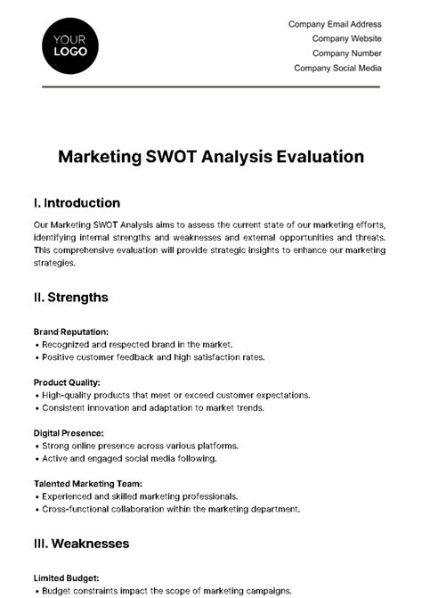 Free Marketing SWOT Analysis Evaluation Template To Edit Online