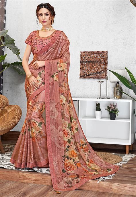 Printed Georgette Saree In Dusty Peach