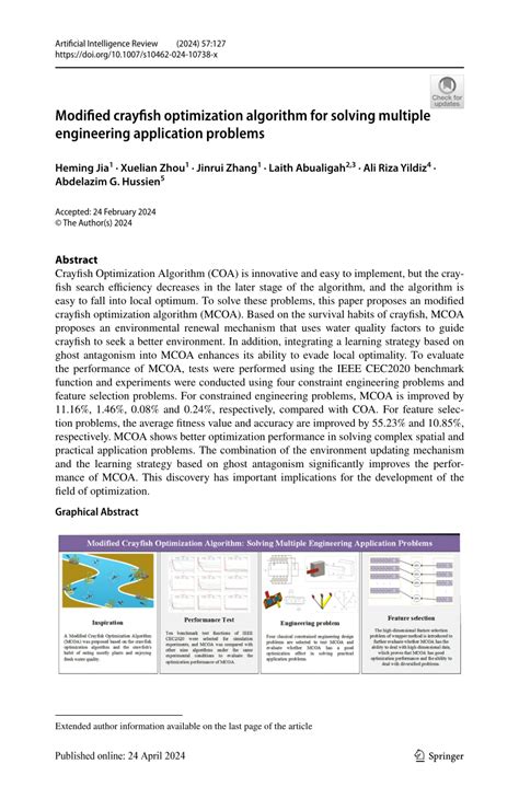 Pdf Modified Crayfish Optimization Algorithm For Solving Multiple Engineering Application Problems